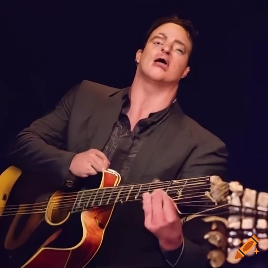 Brendan fraser playing guitar and singing on stage on Craiyon