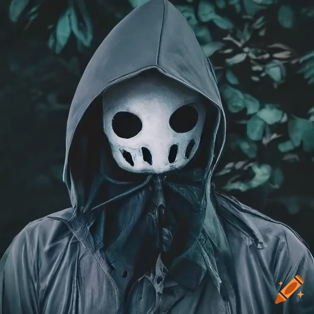 Portrait of a hooded man with a Hollow Knight bone mask and macabre ...
