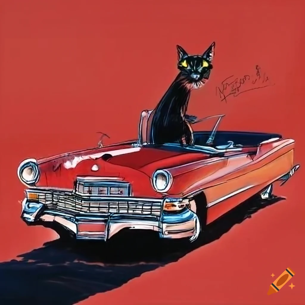 Black cat in a red Cadillac convertible in a desert, drawn in Ralph ...