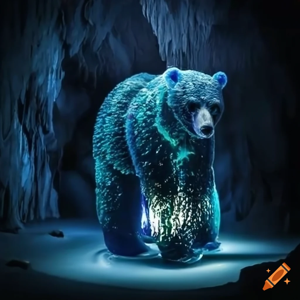 Mesmerizing glass bear sculpture in a cave on Craiyon