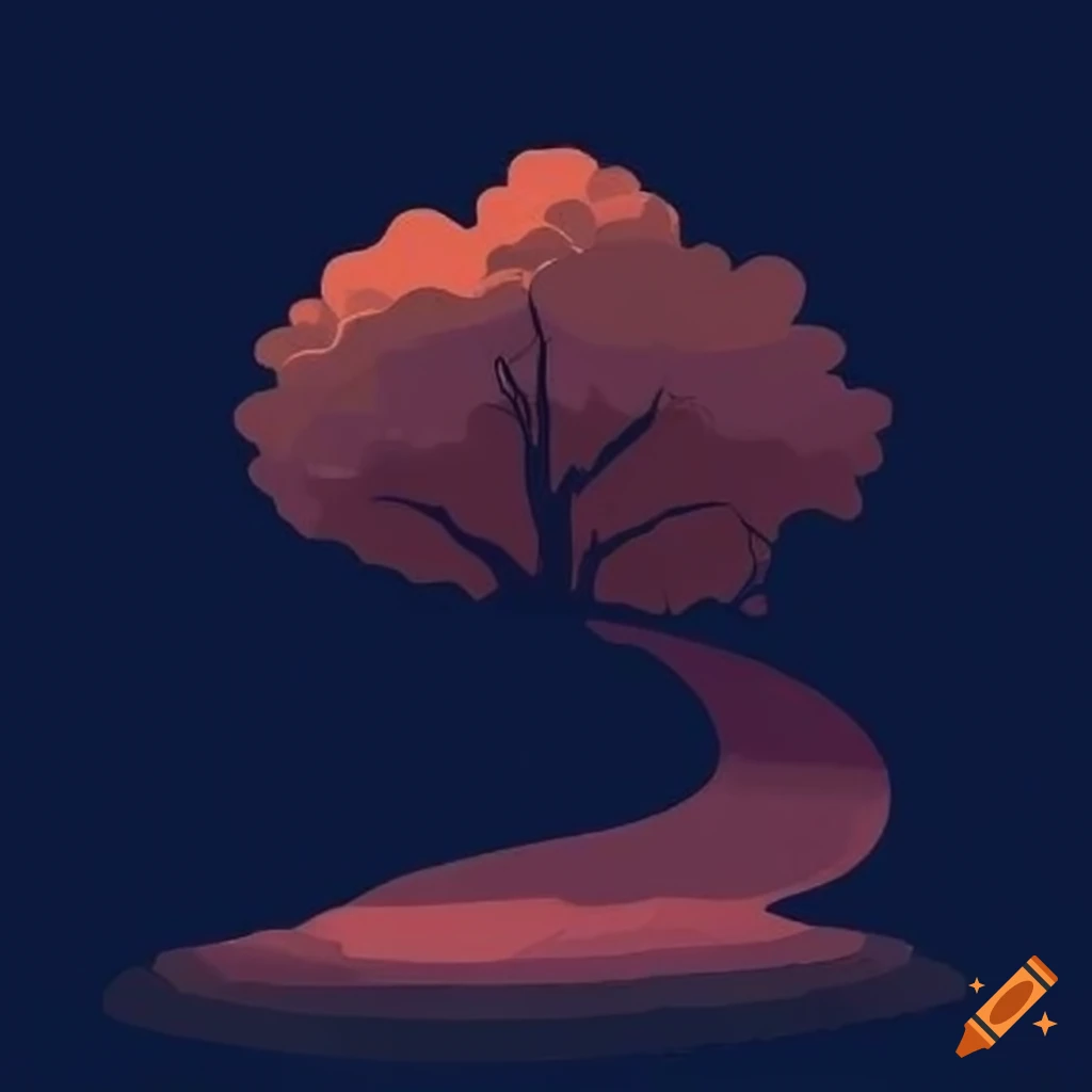 Minimalist drawing of a tree at the end of a path with a railing ...