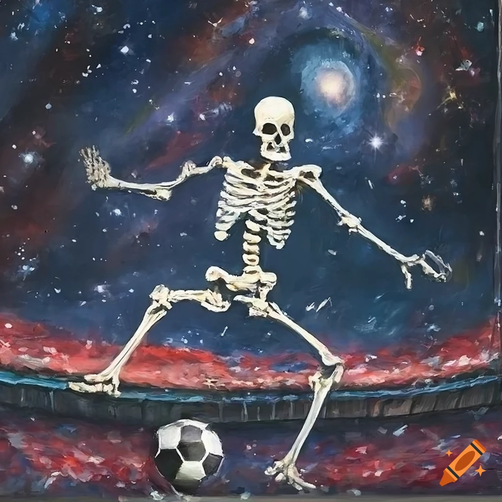 Skeleton scoring a football goal in a galaxy stadium on Craiyon