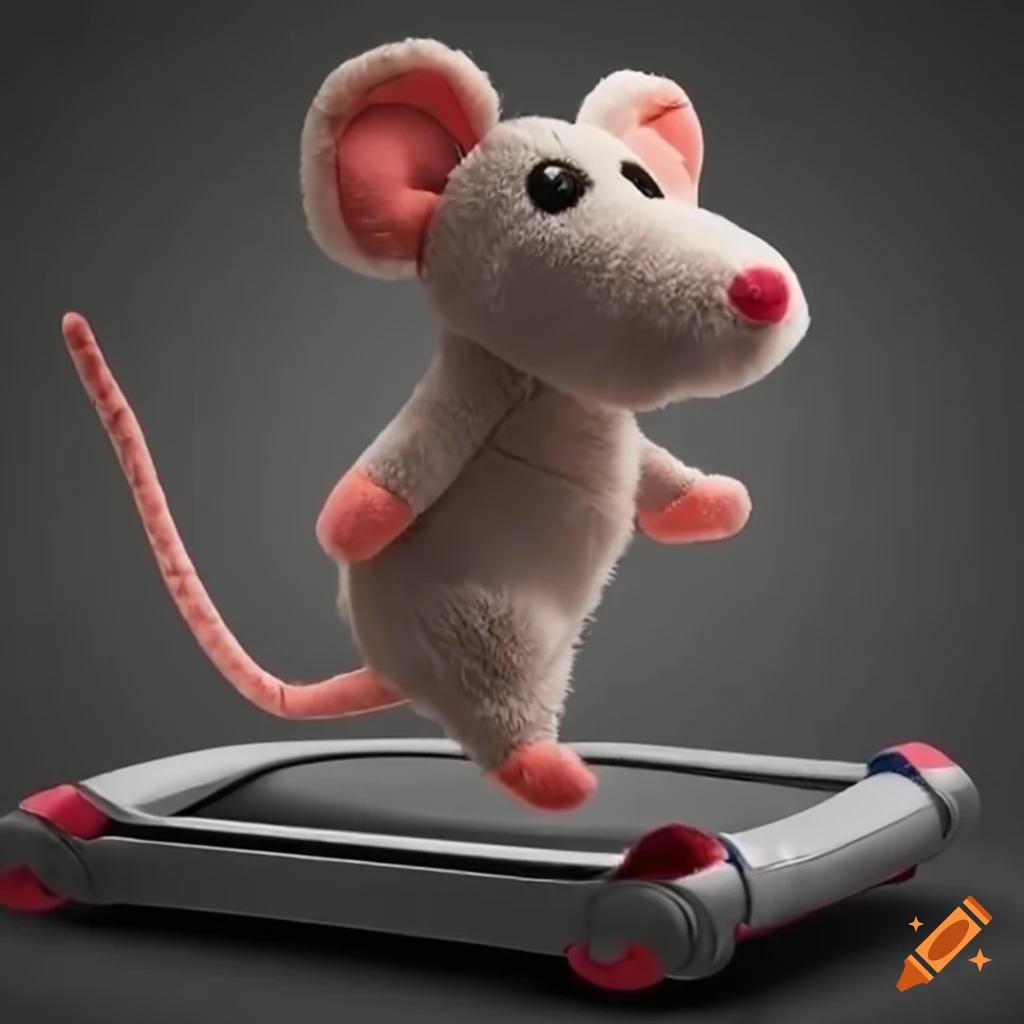 Plush mouse running on a gym treadmill on Craiyon