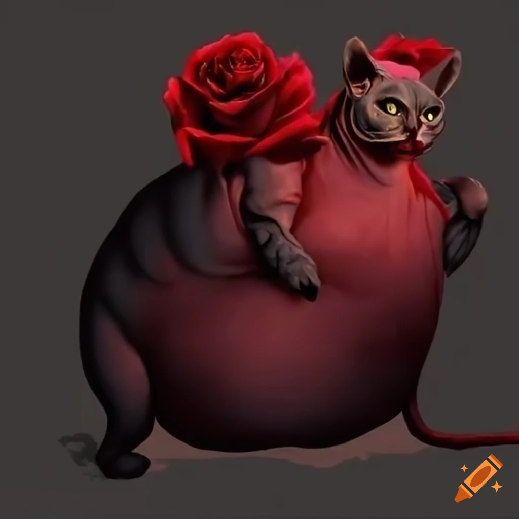 Twisted crimson red roses with a fat sphynx cat infected by rose ...