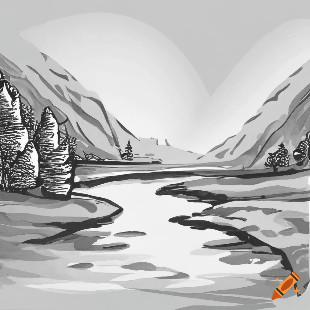 Pencil sketch of a landscape with trees, river, hills, and bridge on ...