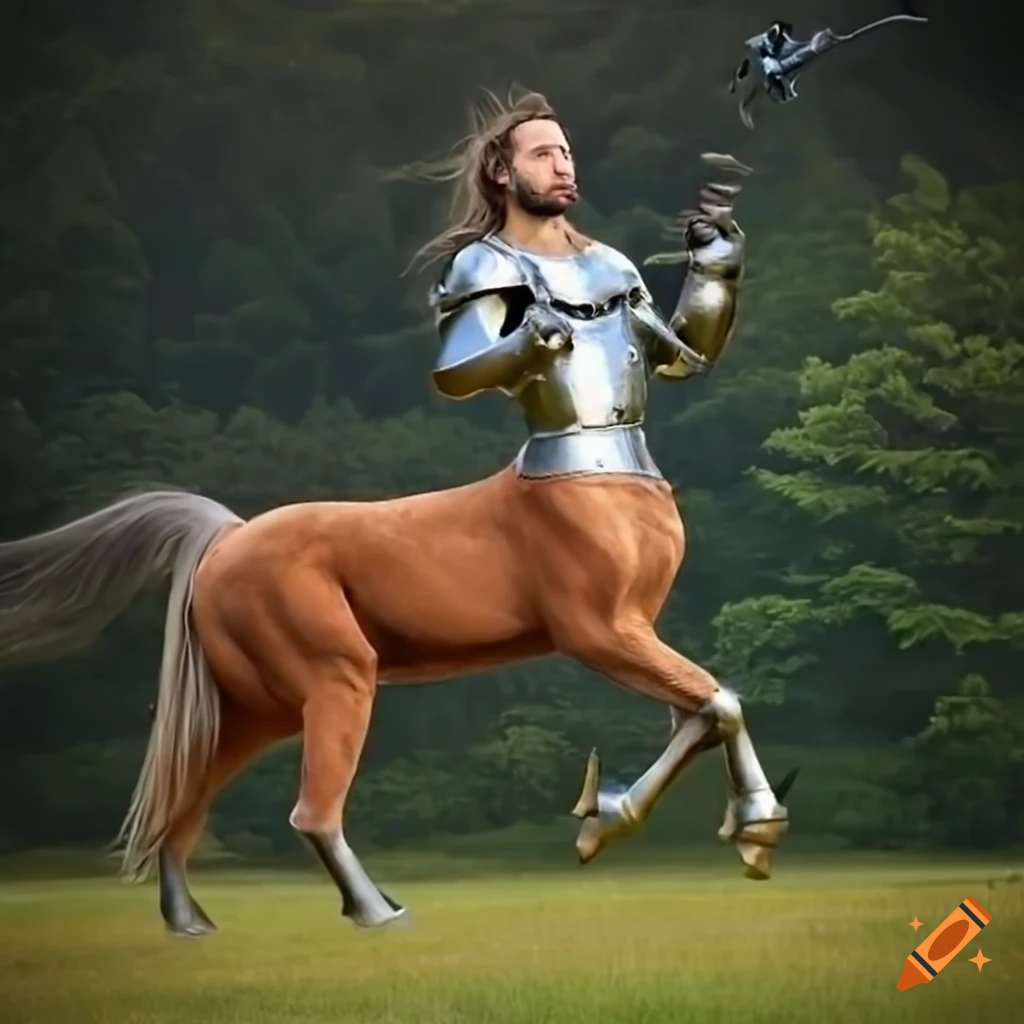 Centaur walking through open field in armor on Craiyon