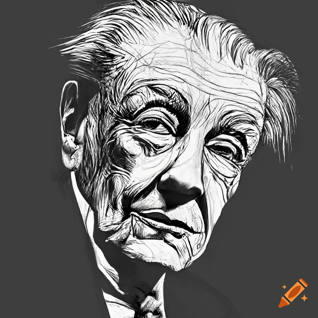 Black and white line drawing of young jorge luis borges on Craiyon