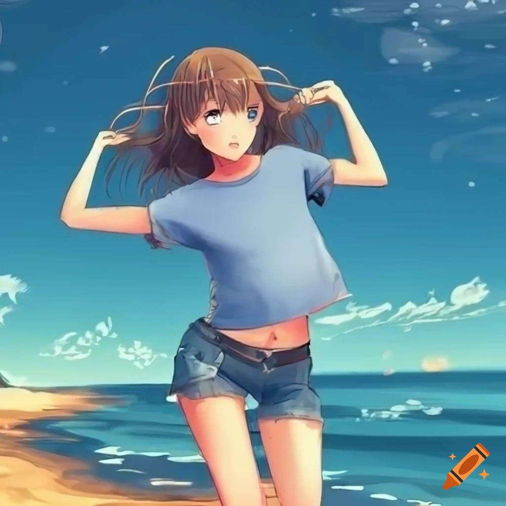 Anime Girl Walking On The Beach In Blue And White Stripped T Shirt And
