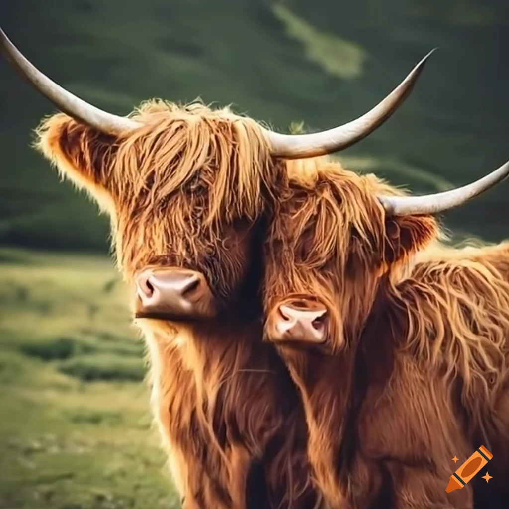 Two sweetly cuddling highland cows on Craiyon