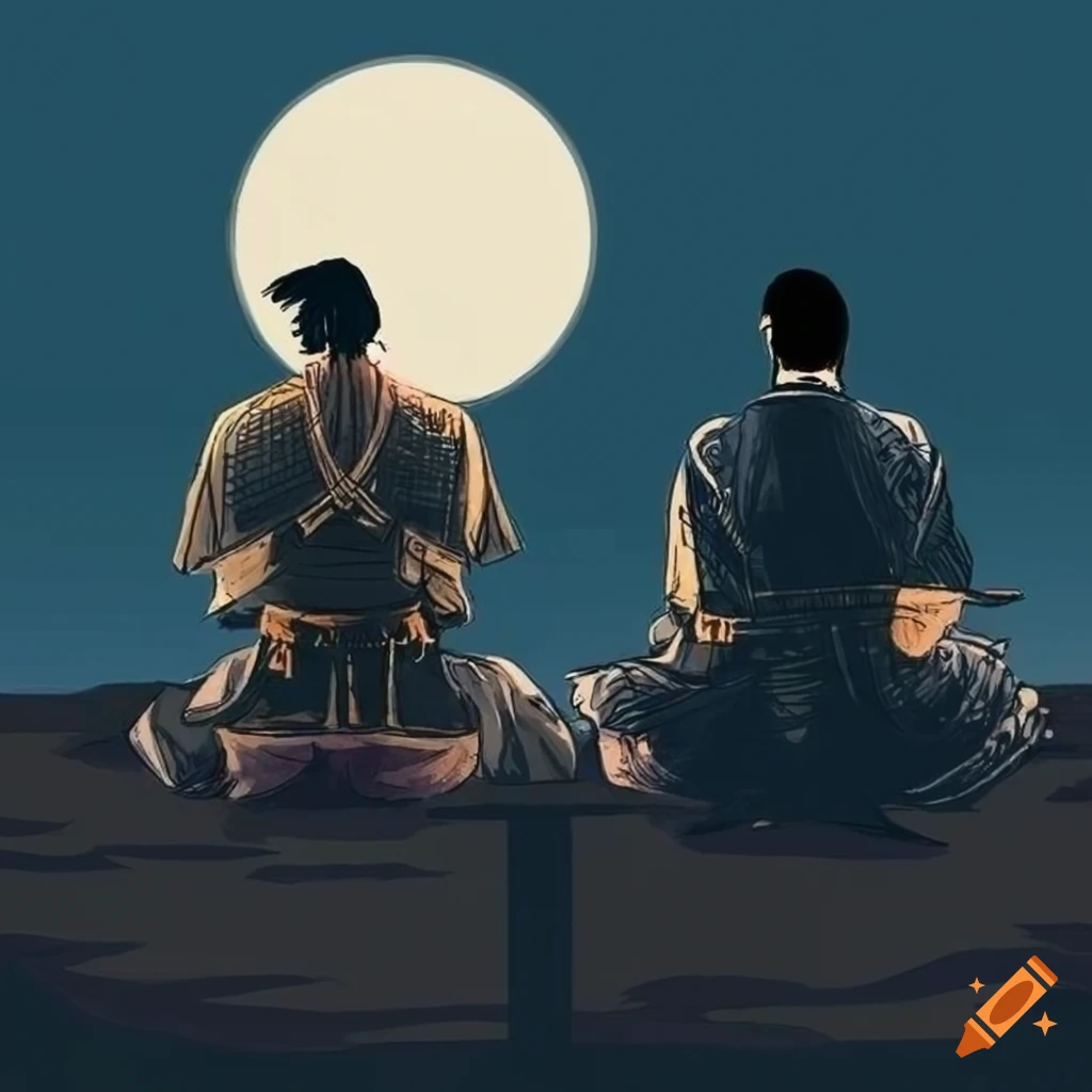 Two samurai sitting and watching sunset in vagabond style on Craiyon