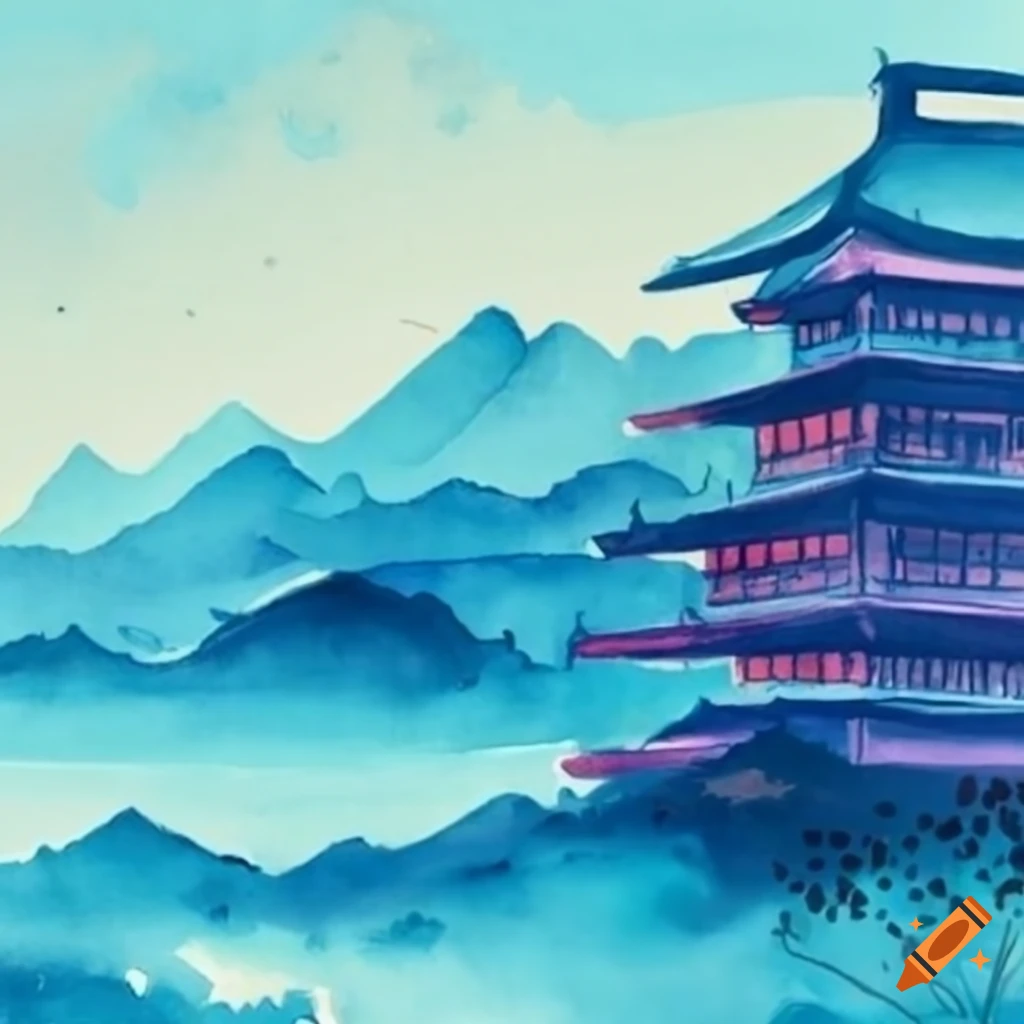 Japanese ninja landscape in blue watercolor on Craiyon