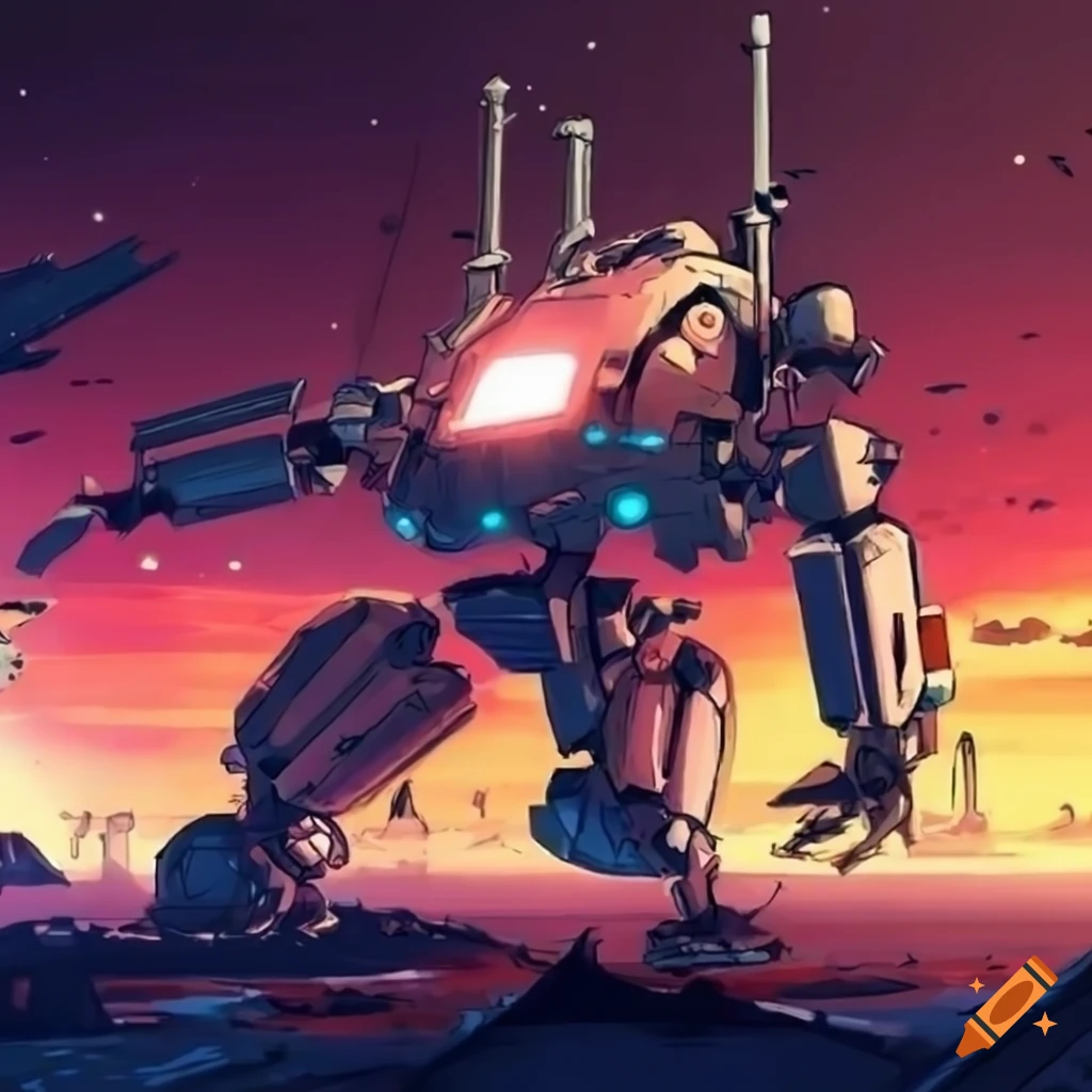 Anime mecha robot during a moon landing with spaceships in the ...