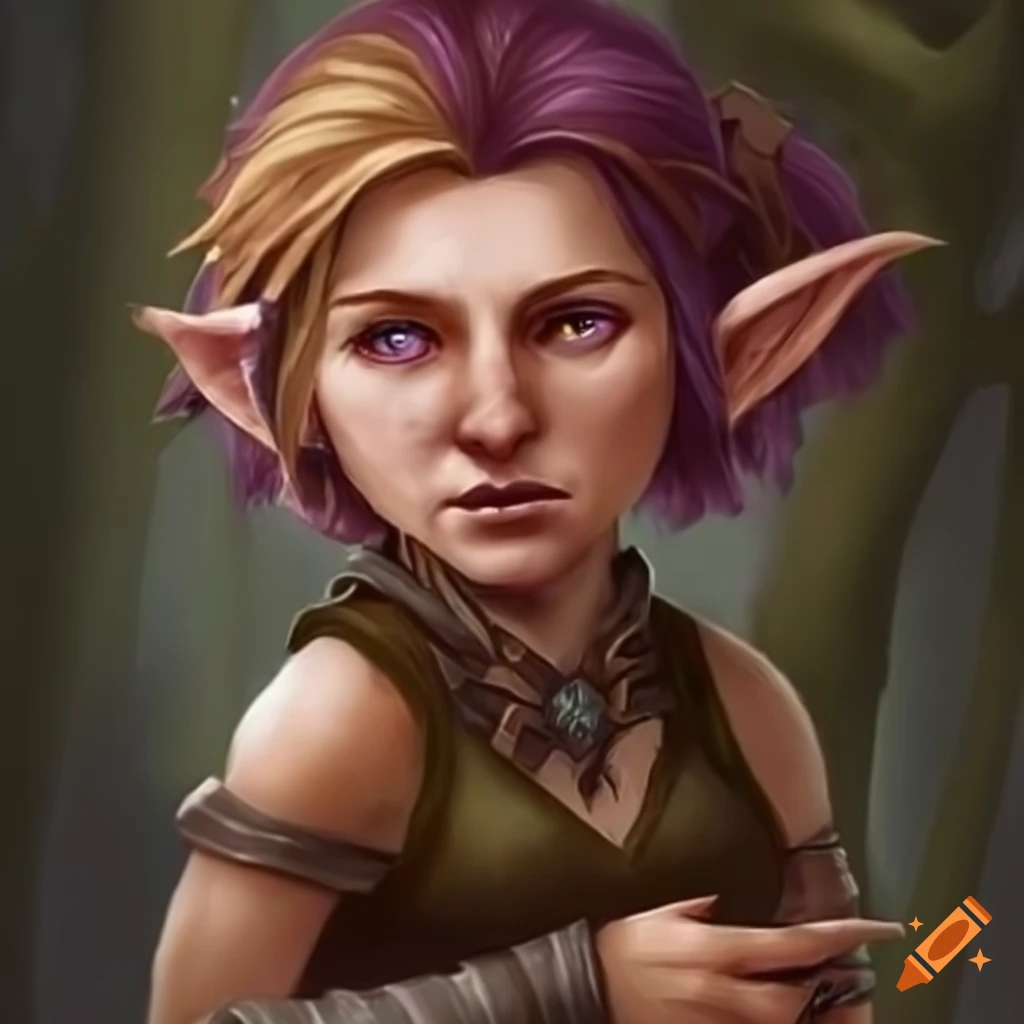 Halfling druid female with purple hair and tan skin on Craiyon