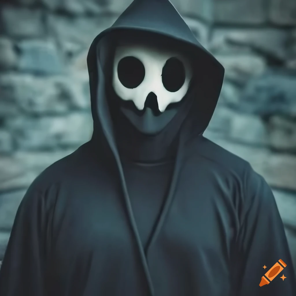 Portrait of a hooded man with a hollow knight bone mask on Craiyon
