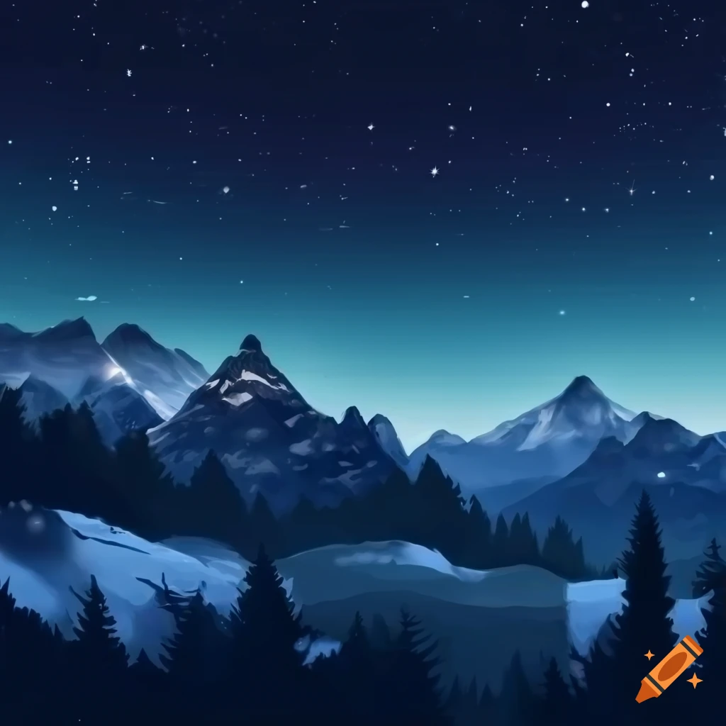 Nighttime mountain landscape with snowy peaks, forest, and realistic starry sky on Craiyon