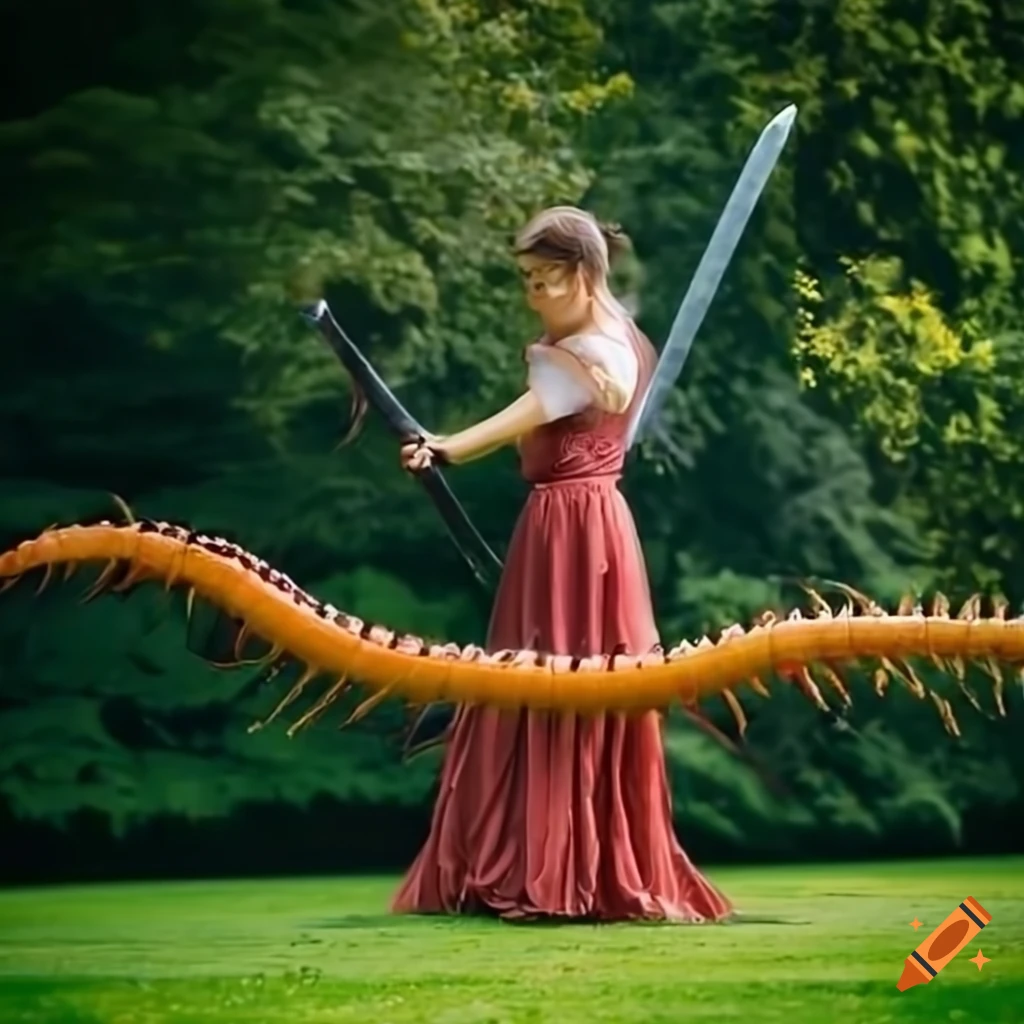 Young woman in an empire dress battling a giant centipede with a sword ...