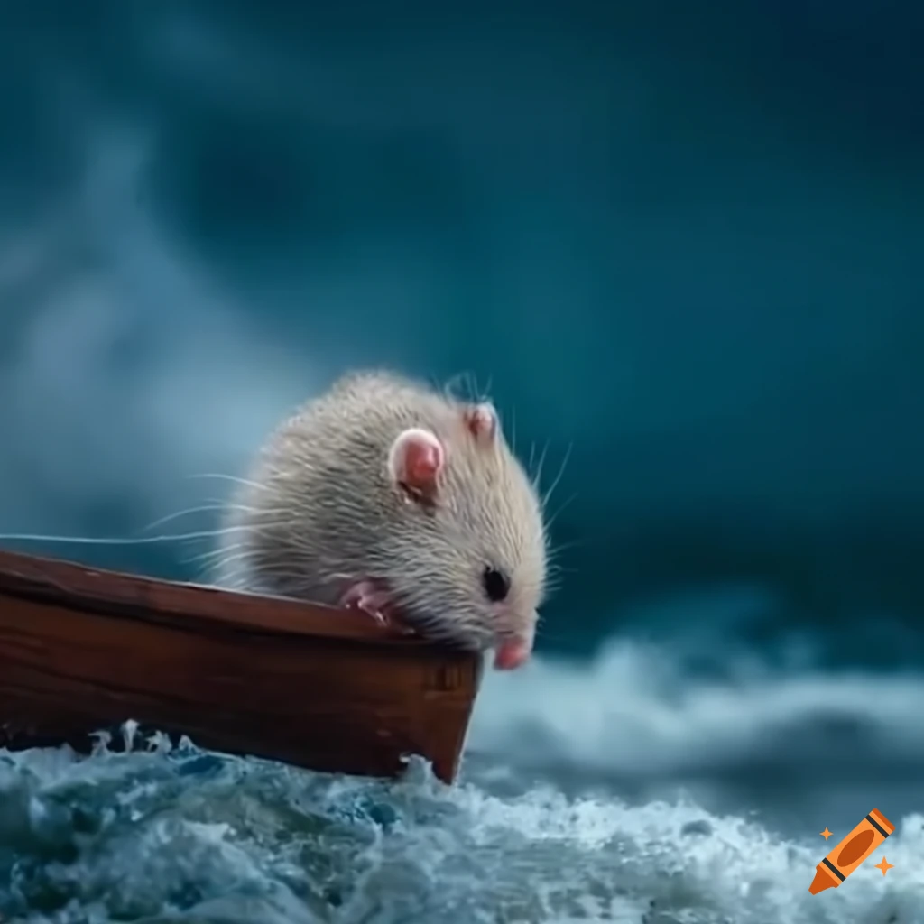 Small fluffy mouse boarding a ship during a stormy sea on Craiyon