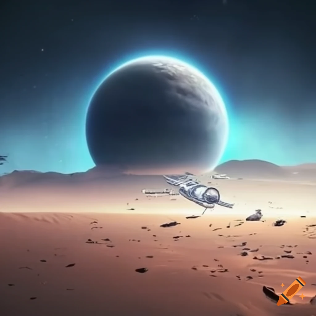 Crashed spaceship on a desert world with planets in the sky on Craiyon