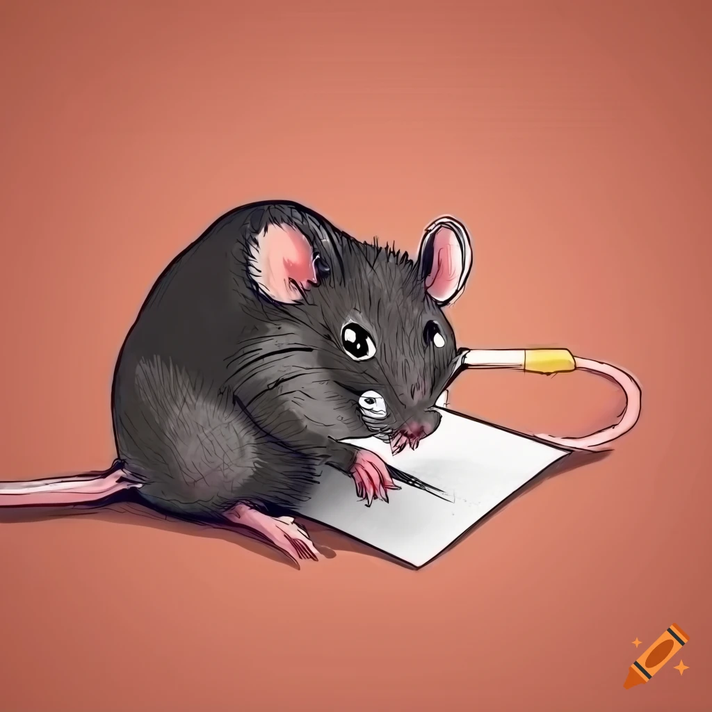 Comic drawing of a rat doodling on a paper while laying on the floor on ...