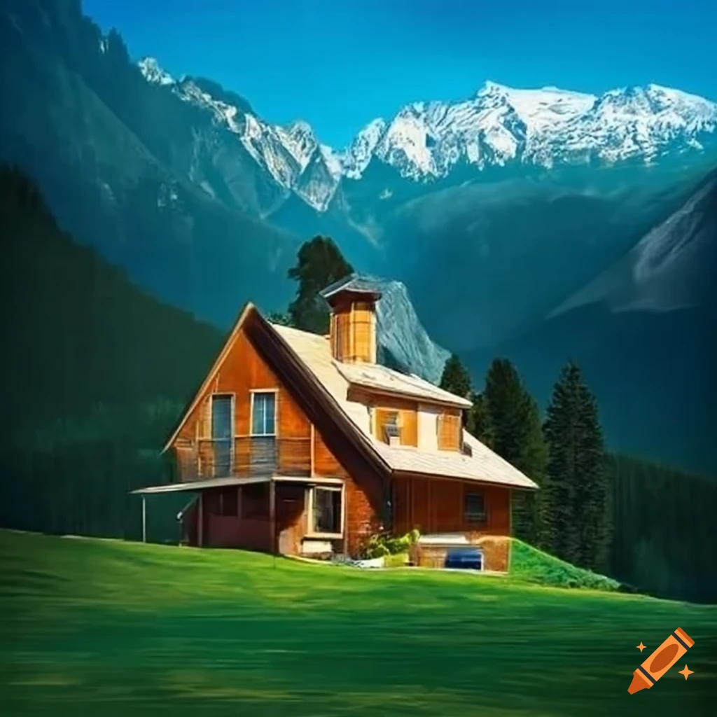 House in a valley near a clear lake on Craiyon