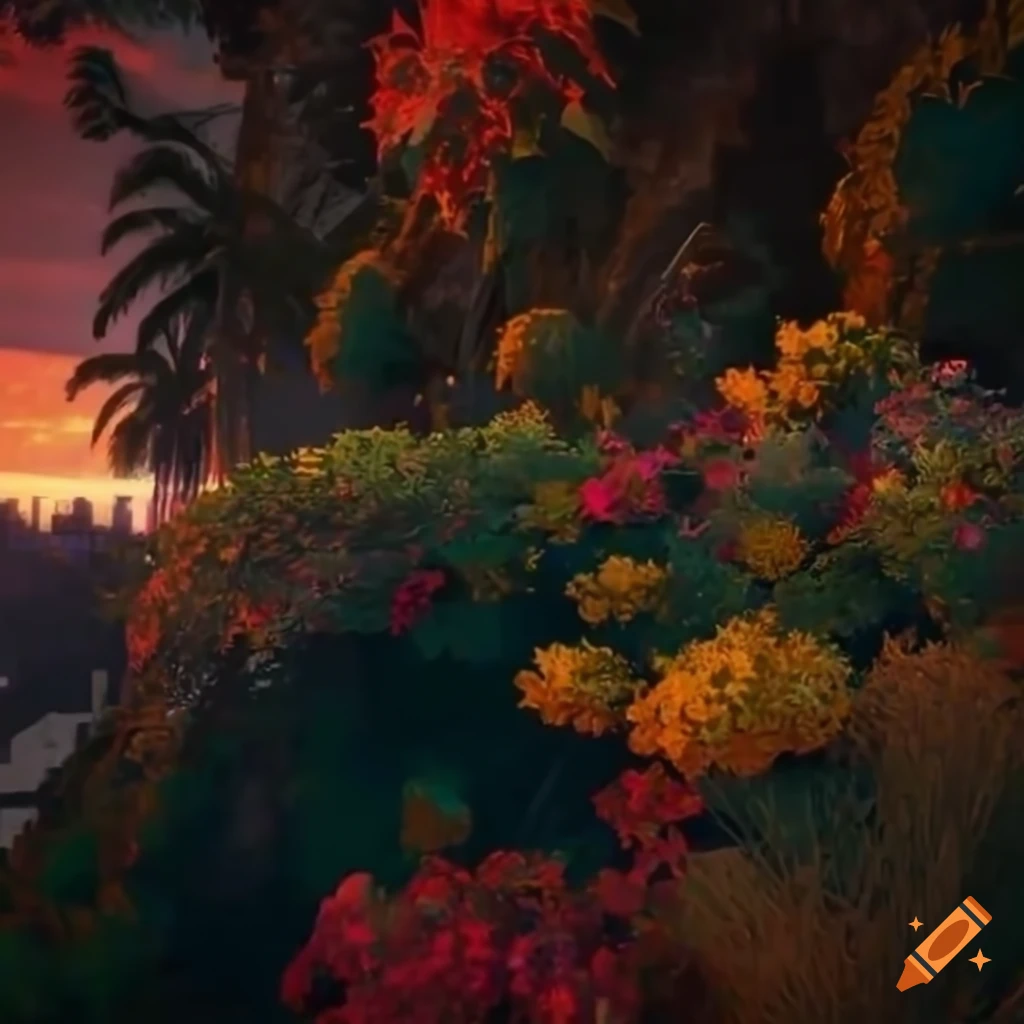 Gta 5 loading screen landscape with miami skyline and flowers on Craiyon