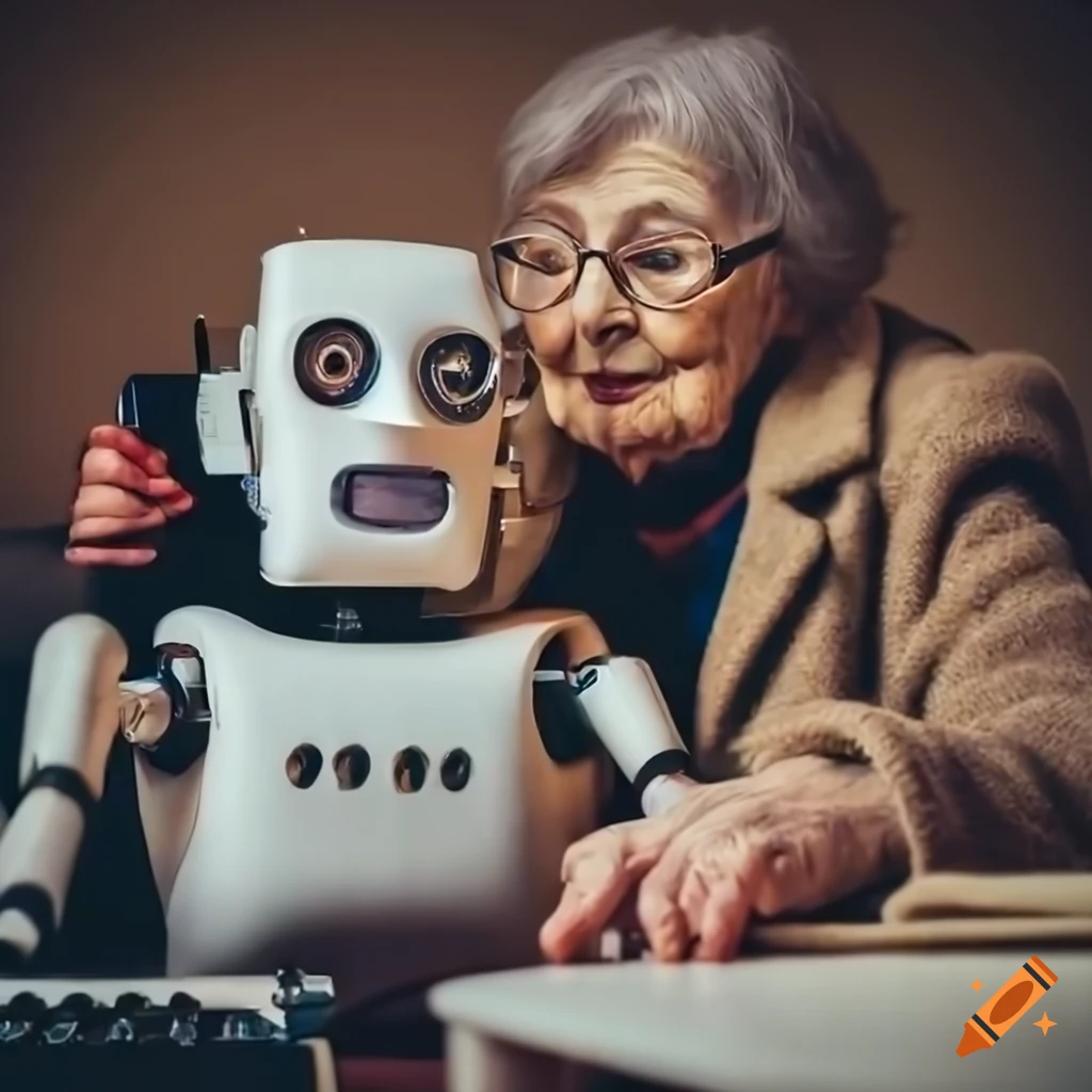 Friendly robot with an elderly lady at a table with a typewriter on Craiyon
