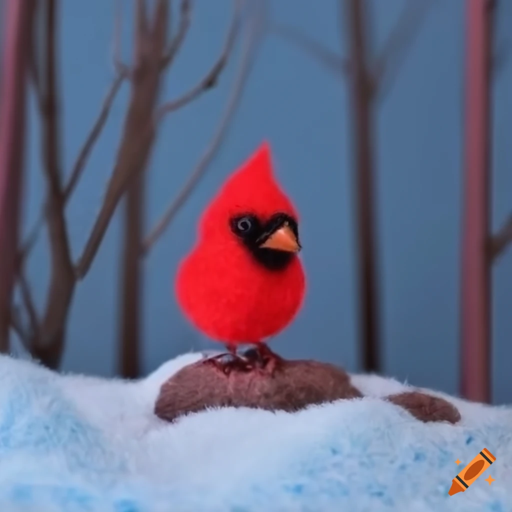 Needle felt red cardinal bird in a snowy ancient forest with vintage ...