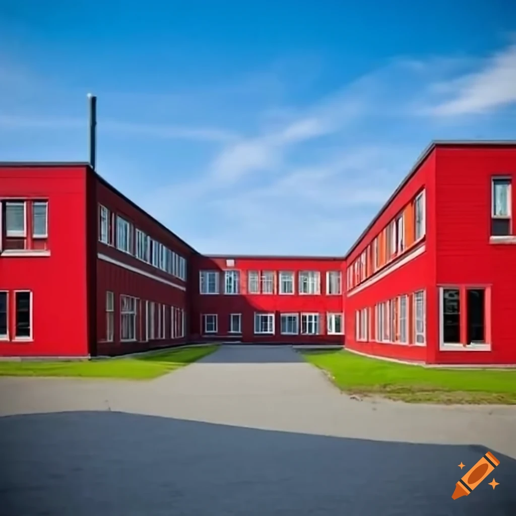 Two-storey grey and brown school buildings with a small red accent and ...