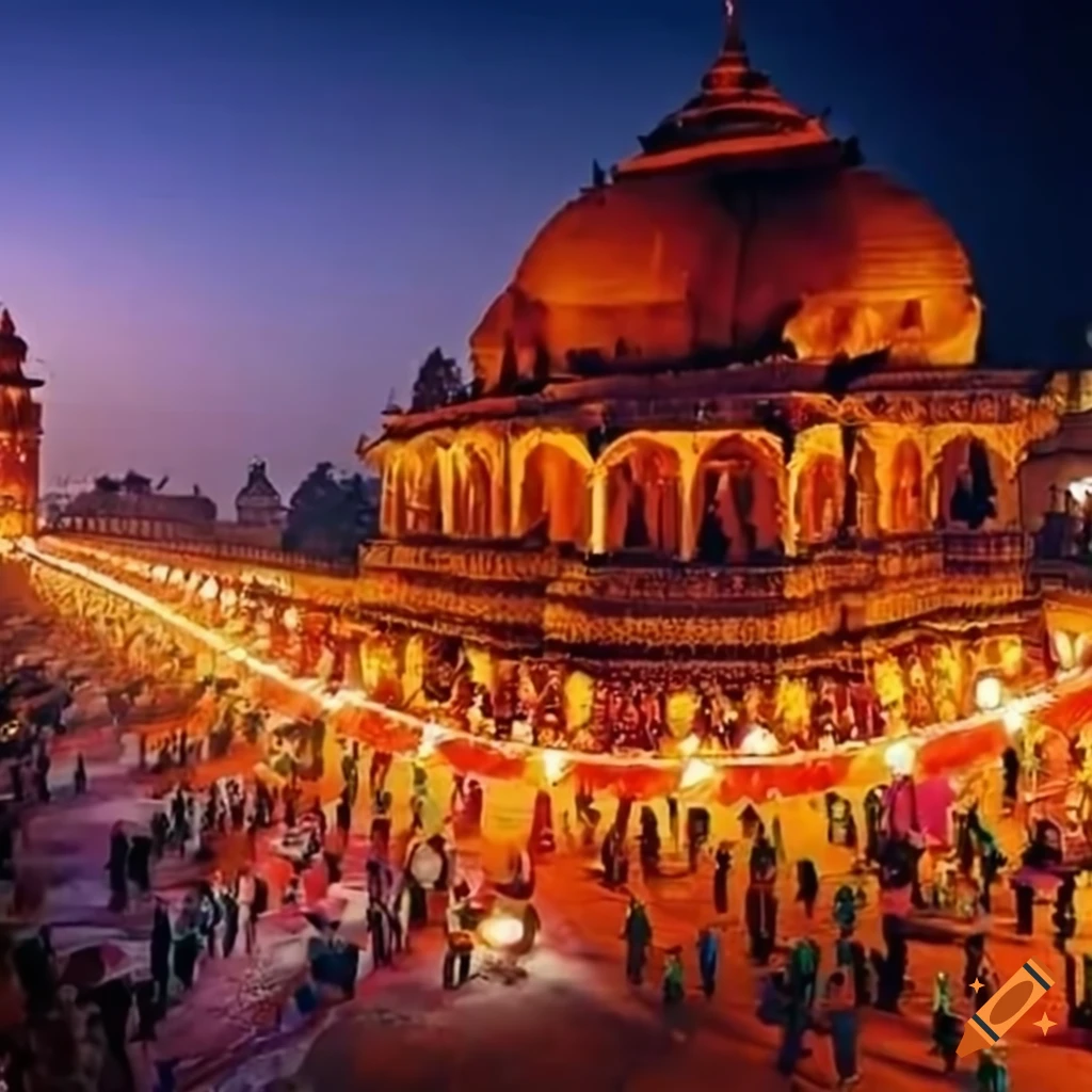 Celebration in ayodhya with buntings, flags, rangoli, and arti ritual ...