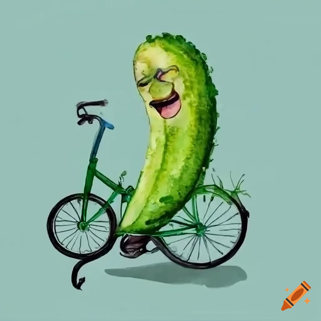 Green dill pickle riding a bicycle with a mischievous grin on Craiyon