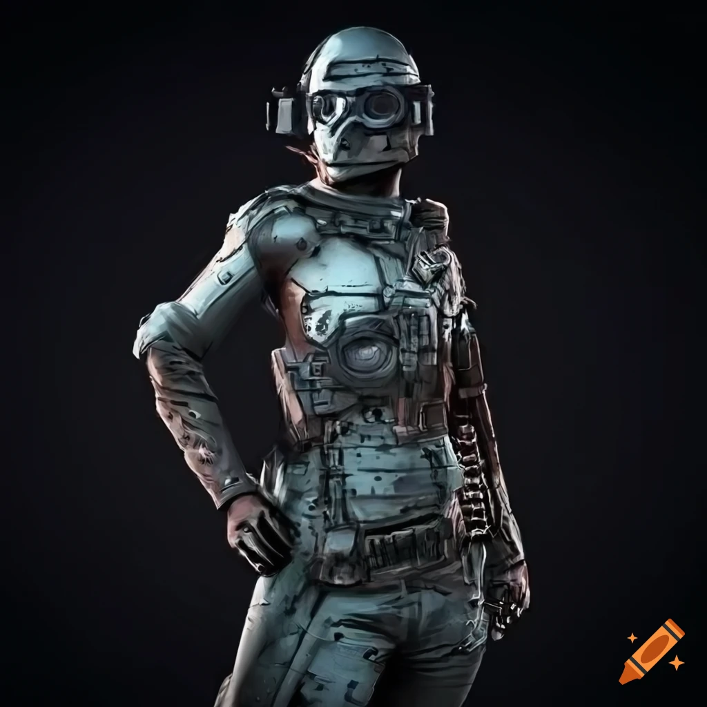 Futuristic female wasteland scout in gray vinyl armor with high-tech ...