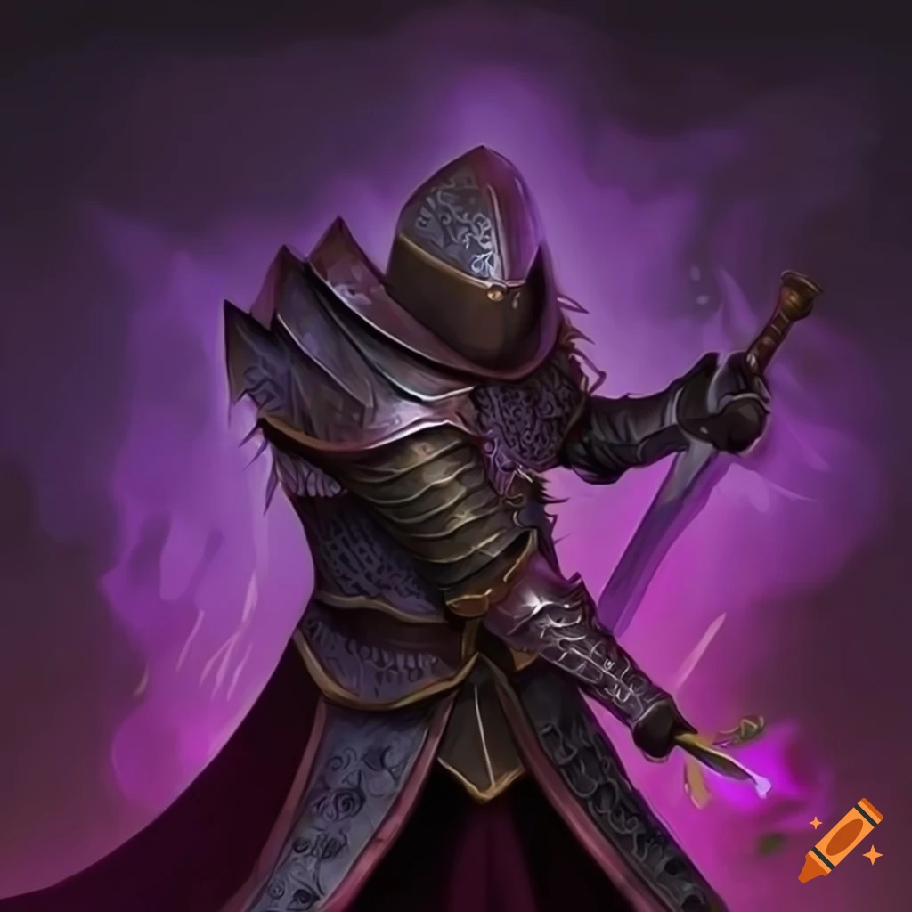 Knight in dark armor holding a sword with purple ember on Craiyon