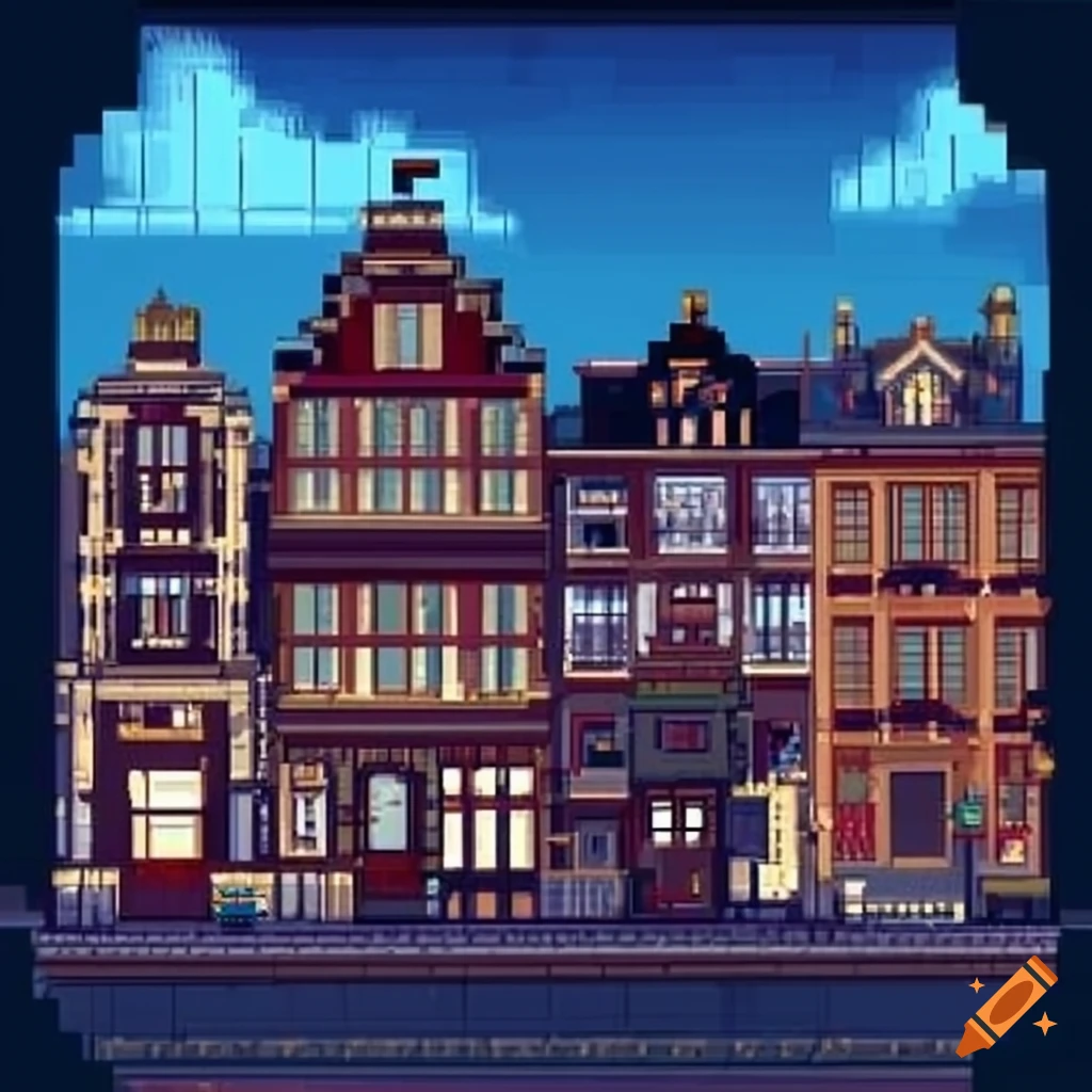 Victorian style city street with row of houses in pixel art on Craiyon