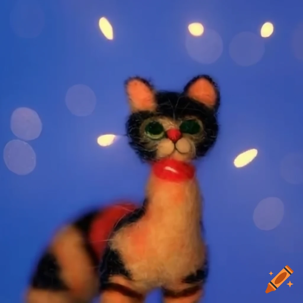 Needle felt wool cats looking at snowy sky in technicolor fantasy ...