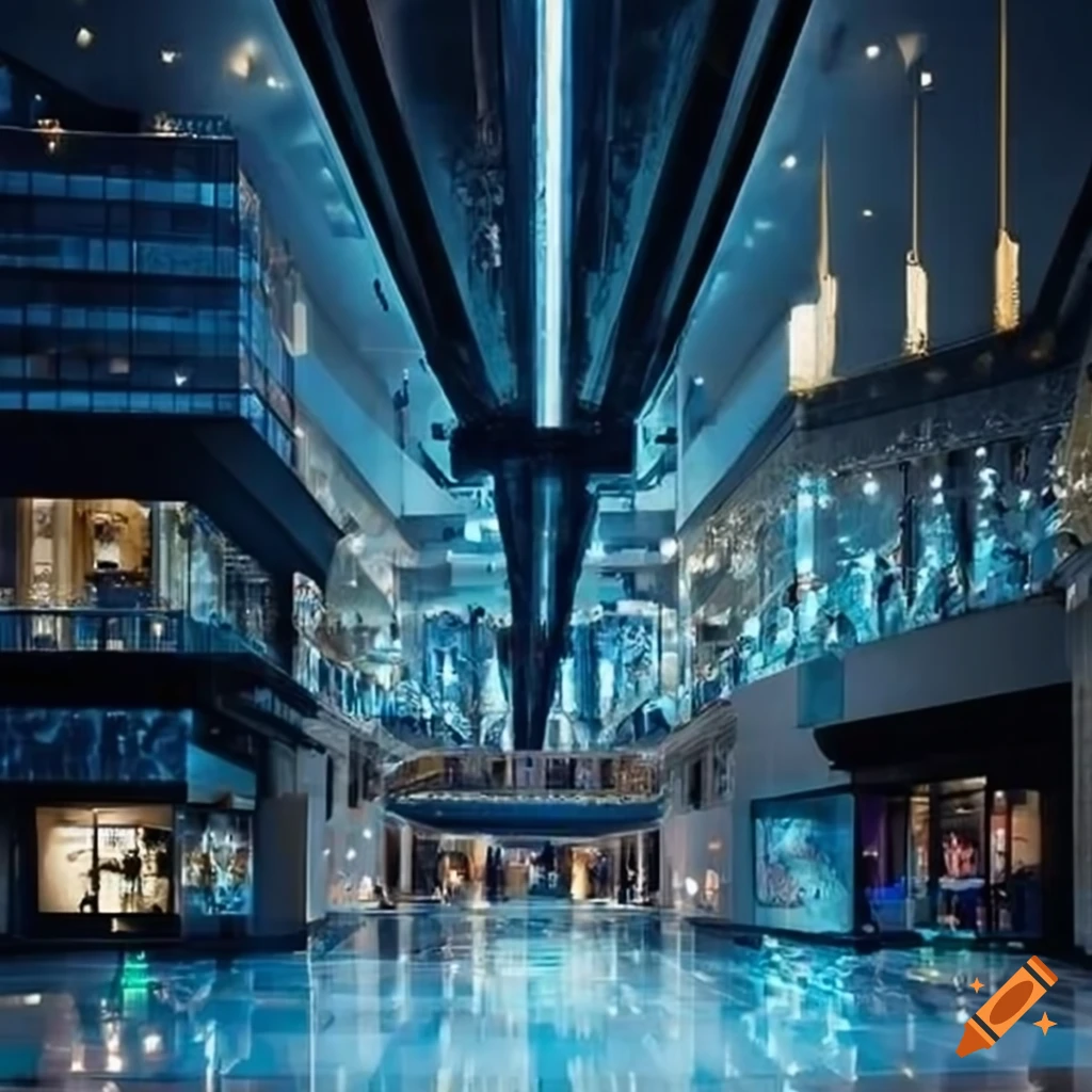 Interior of 5-story mall shop with crystal decorations on Craiyon