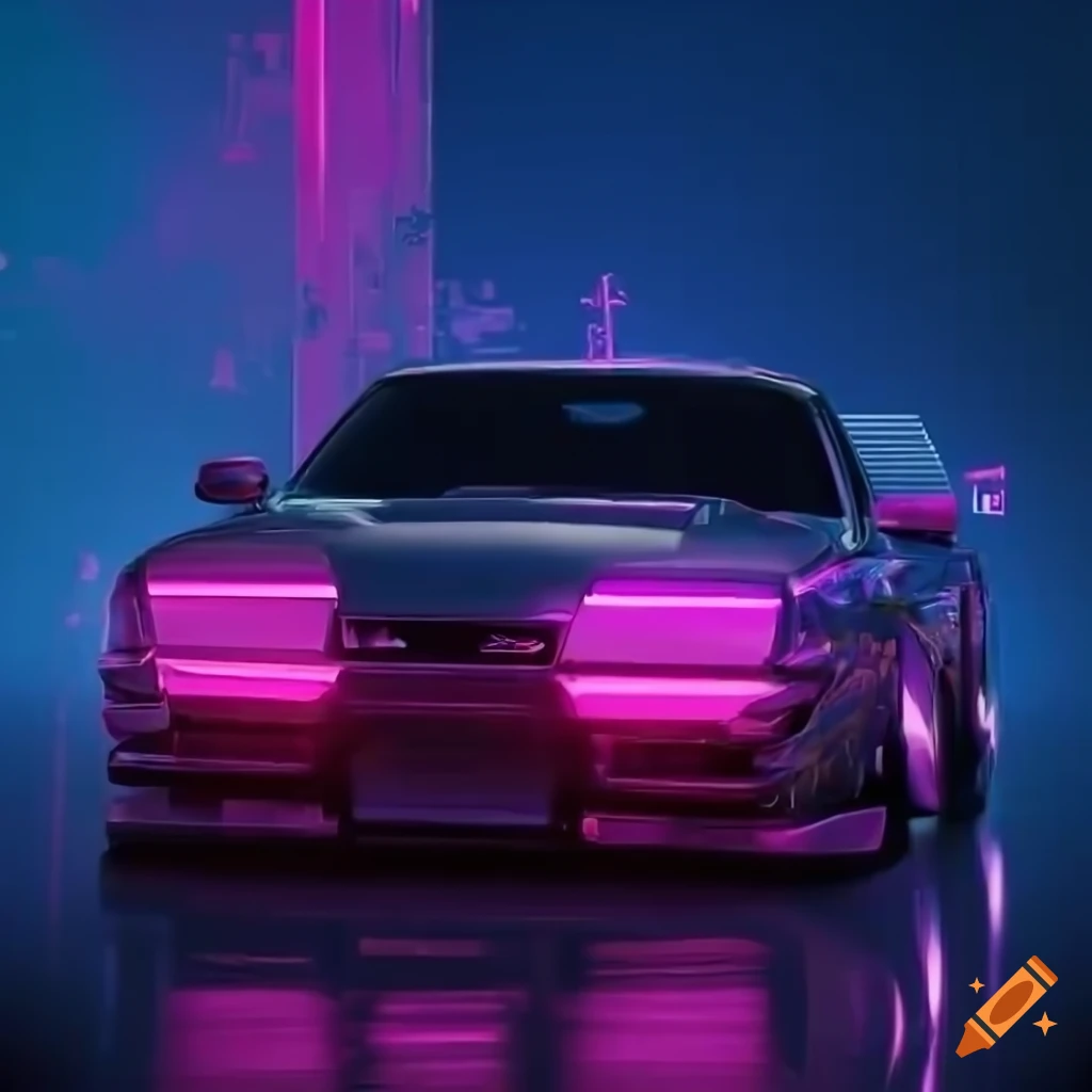 Nissan r32 with neon lights in a cyberpunk setting on Craiyon