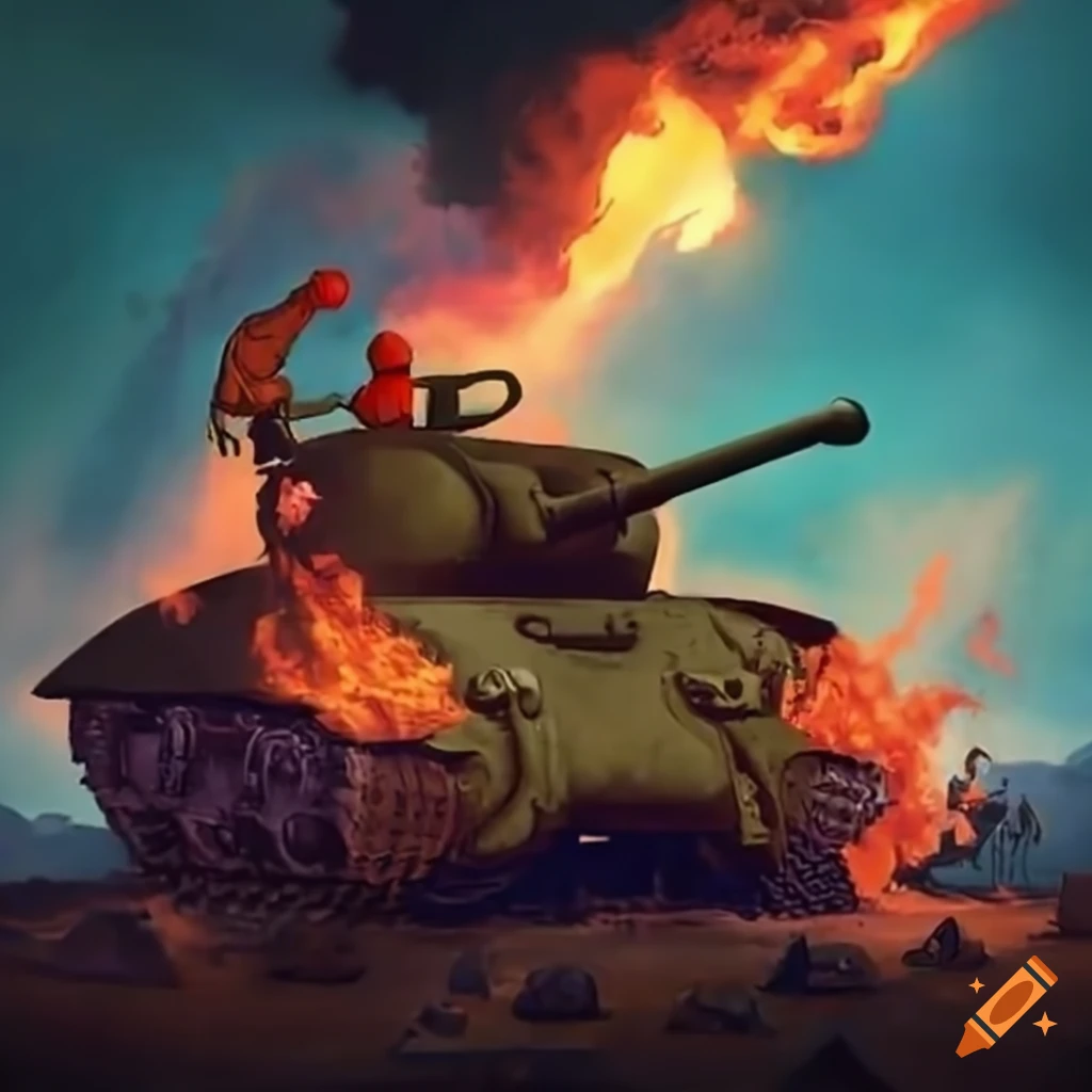 Dr zoidberg in a world war 2 tank with a burning battlefield behind on ...