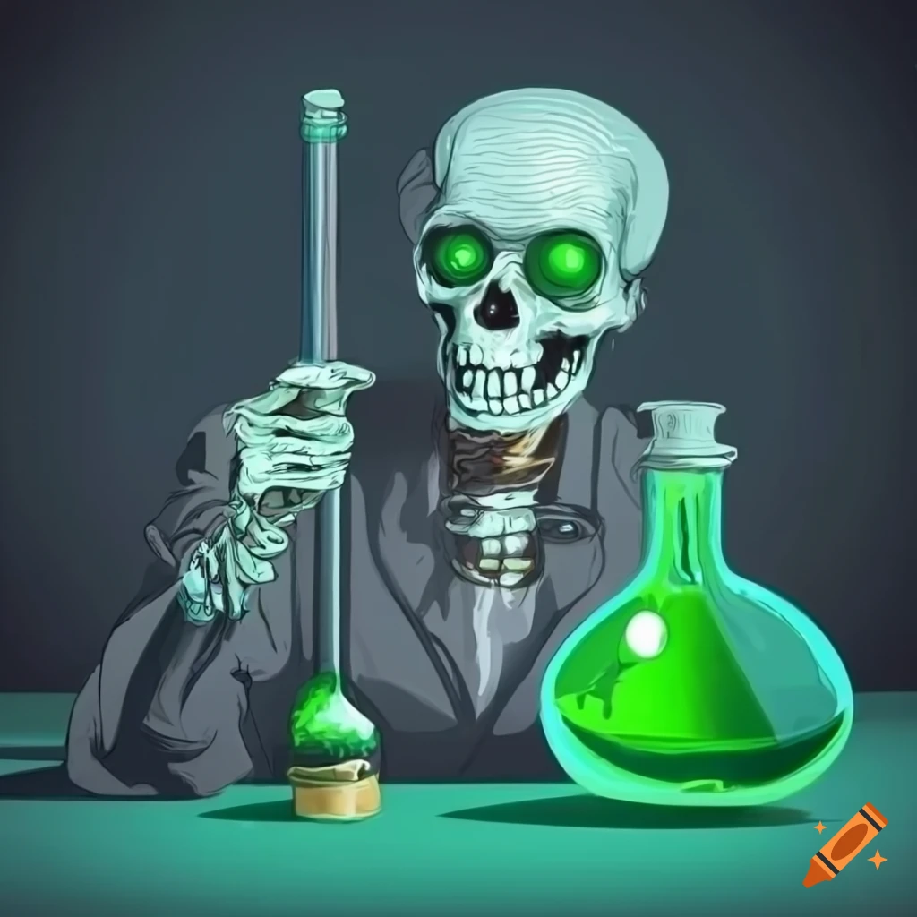 Skeleton scientist creating a green potion in a comic-style laboratory ...
