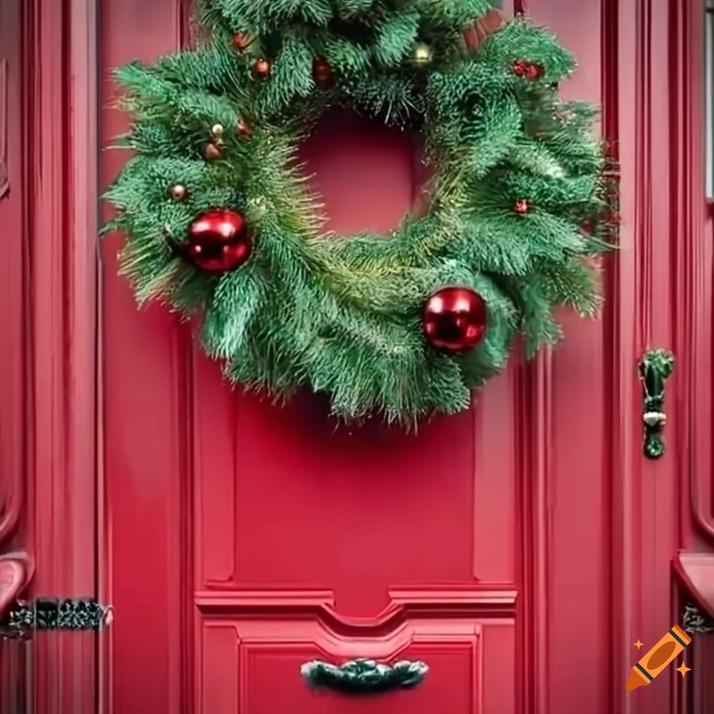 Christmas wreath on a red front door on Craiyon