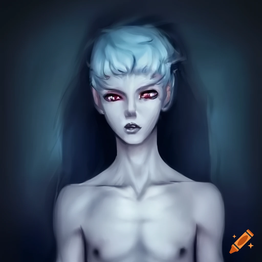Androgynous entity with white hair, white eyes, and dark blue skin on Craiyon