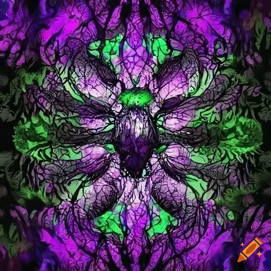 Venomous insect with purple and green aura in a forest on Craiyon