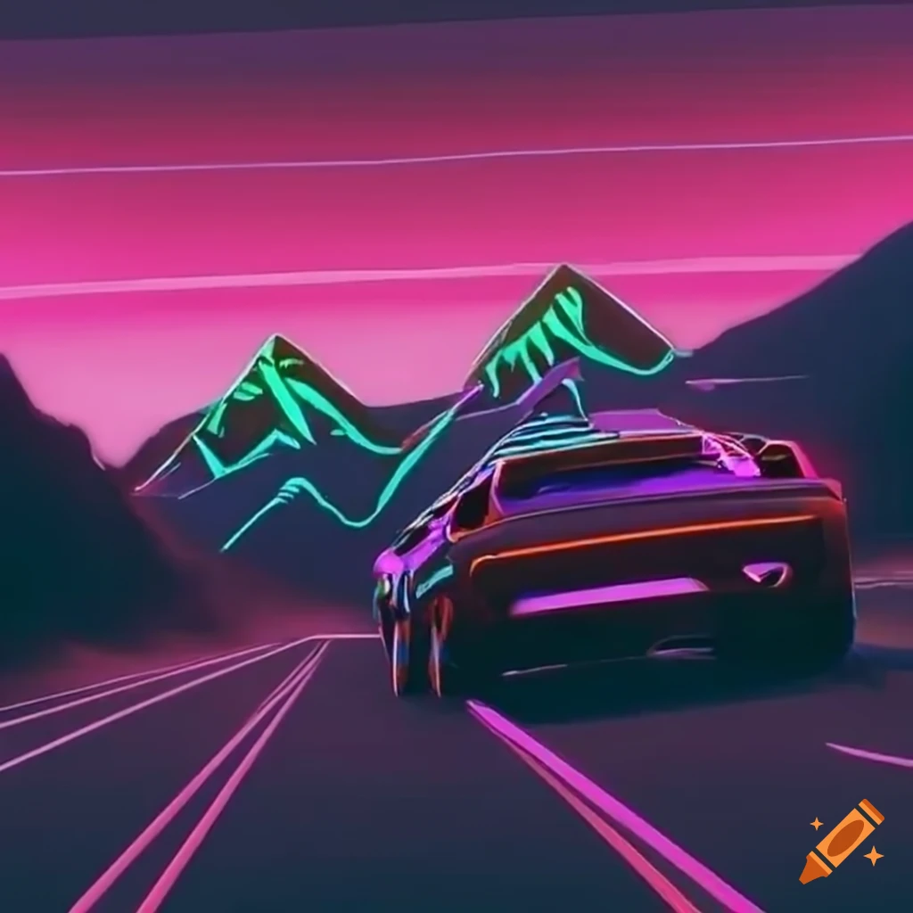 Cool car driving on a mountain highway in a synthwave style on Craiyon