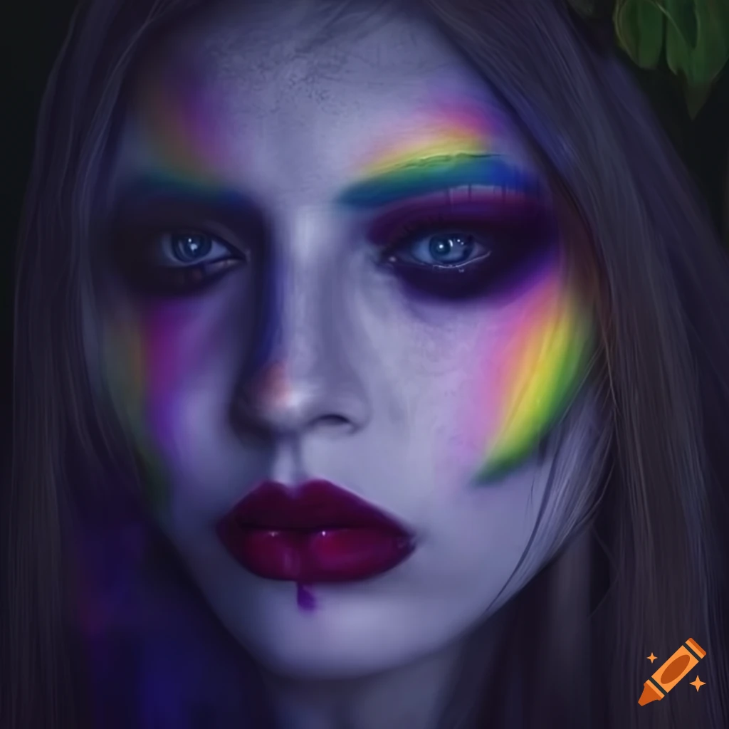 Colorful and surreal woman's face in the forest with gothic and creepy ...