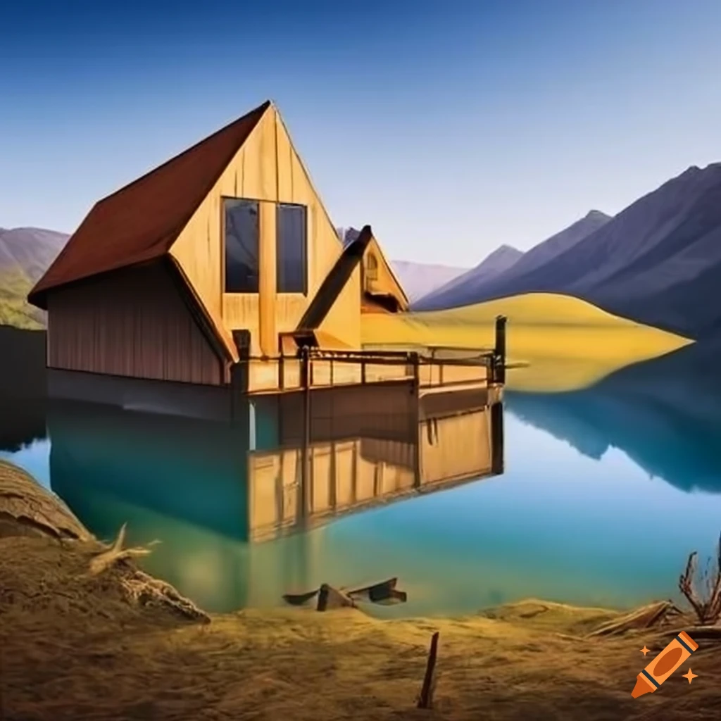 House in a valley near a clear lake on Craiyon