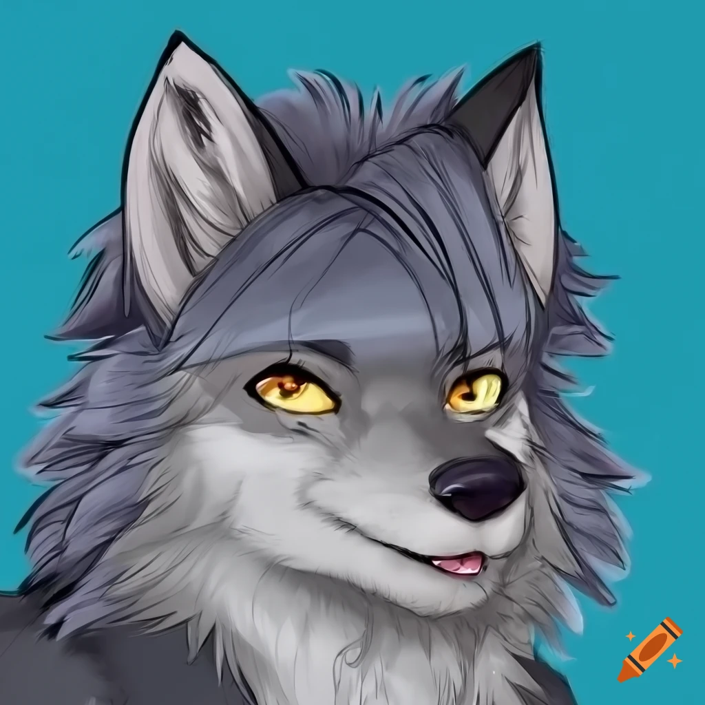 Friendly male wolf furry with fluffy tail and yellow eyes on Craiyon