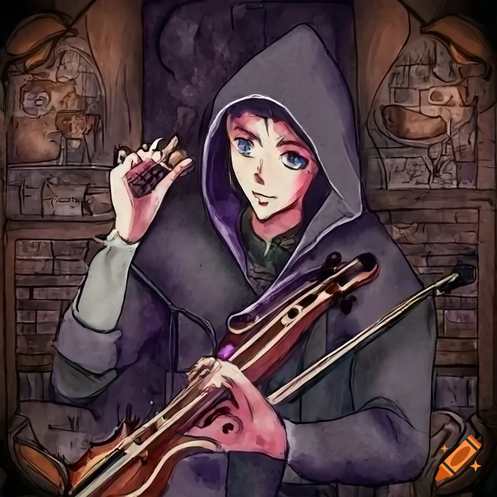 Brooding elven bard playing a fiddle in a dark tavern anime scene on ...