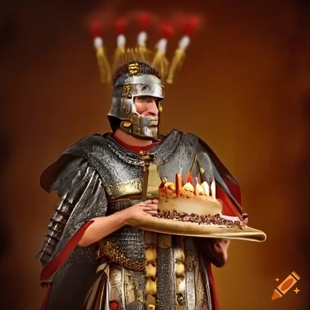 Pretorian legionary holding a birthday cake on Craiyon