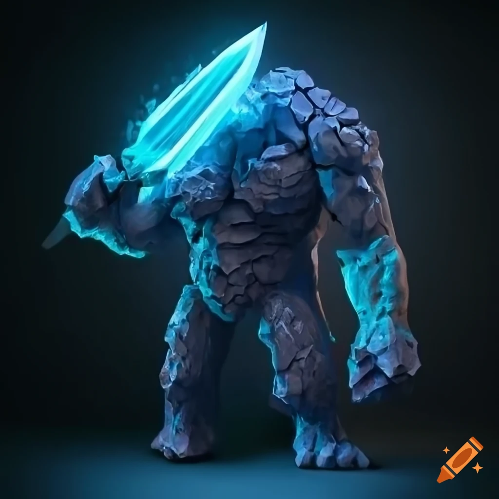 Stone golem with blue gem core wielding a glowing blue sword on Craiyon