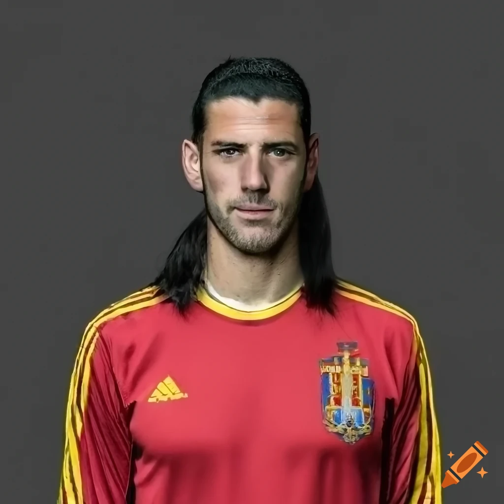 Portrait of a young Spanish soccer player with short black mullet on ...