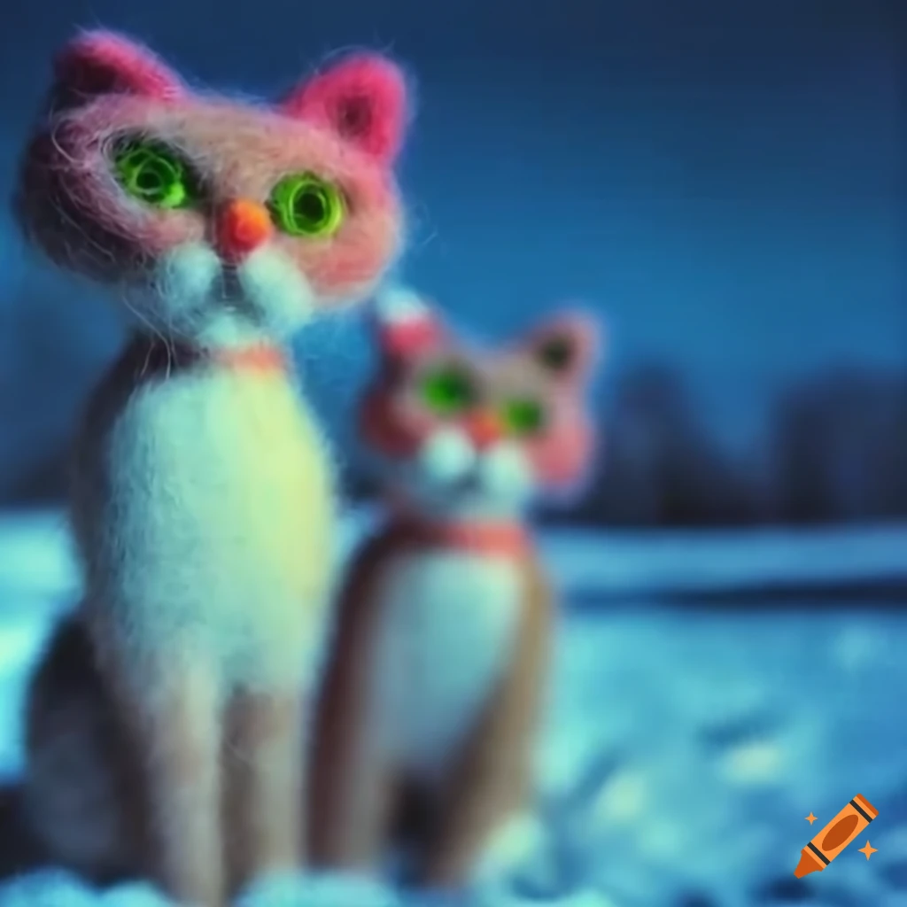 Needle felt wool cats looking at snowy sky in technicolor fantasy ...